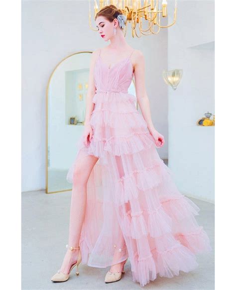 Cute Pink Tulle High Low Party Prom Dress With Straps Wholesale T78068