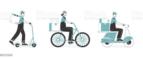 배달 서비스 노동자 택배 운전 자전거 및 스쿠터 택배 문자 소포 벡터 배경 일러스트레이션을 수신 납품 개념 개념에 대한 스톡 벡터 아트 및 기타 이미지 Istock