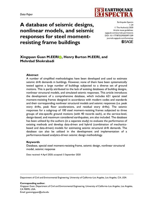 PDF A Database Of Seismic Designs Nonlinear Models And Seismic Responses For Steel Moment