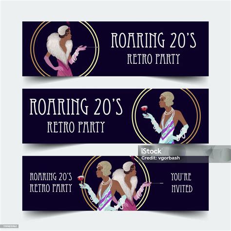 복고풍 패션 이십대의 매력적인 소녀 벡터 그림입니다 플래퍼 20의 스타일 빈티지 파티 초대 디자인 템플릿입니다 주류 밀매점에 대한 스톡 벡터 아트 및 기타 이미지 Istock