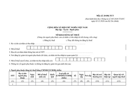 Mau 20 Dk Tct Theo Thong Tu 105 Giảm Trừ Người Phụ Thuộc Mẫu Số 20 Đk Tct Ban Hành Kèm