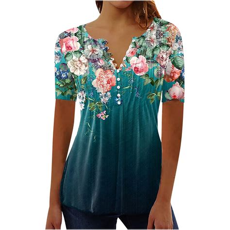 Lolmot Womens Plus Size Floral Printed Henley V Neck T Shirt Pleated