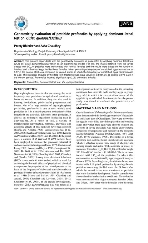 PDF Genotoxicity Evaluation Of Pesticide Profenofos By Applying