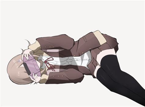 Safebooru 1girl Black Thighhighs Brown Hair Brown Jacket Collared