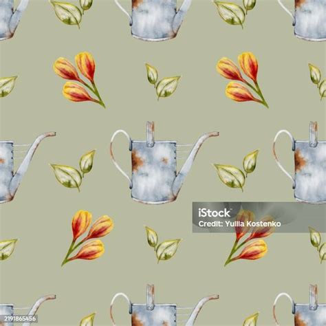 물뿌리개와 튤립을 부드러운 색상 팔레트에 담은 아름다운 복고풍 정원 도구 패턴 0명에 대한 스톡 벡터 아트 및 기타 이미지 0명 Diy 공예 Istock
