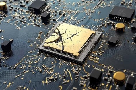 Cracked Microchip On Circuit Board Reveals Intricate Connections And Technology Details Stock