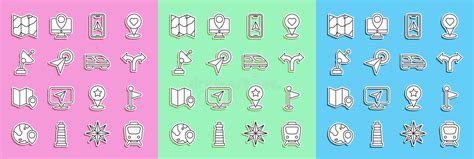 Set Line Train Location Marker Road Traffic Sign City Map Navigation Infographic Of City