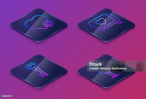 아이소메트릭 라인 하트 하트 모양의 키 좋아요 및 하트 및 와인 잔을 설정합니다 파란색 사각형 버튼입니다 벡터 3차원 형태에 대한 스톡 벡터 아트 및 기타 이미지 Istock