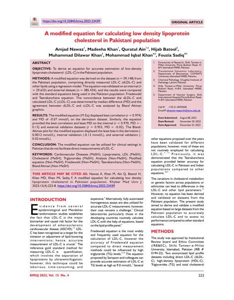 Pdf A Modified Equation For Calculating Low Density Lipoprotein
