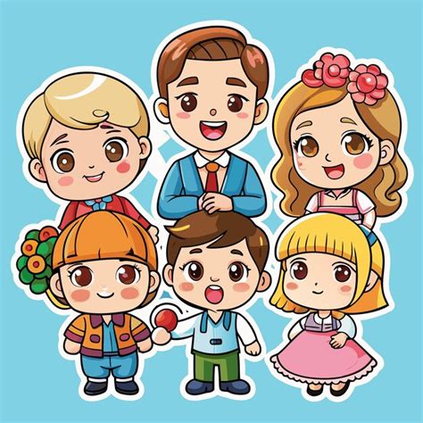 Familia De Dibujos Animados De Seis Personas Sonriendo Y Con Ropa De