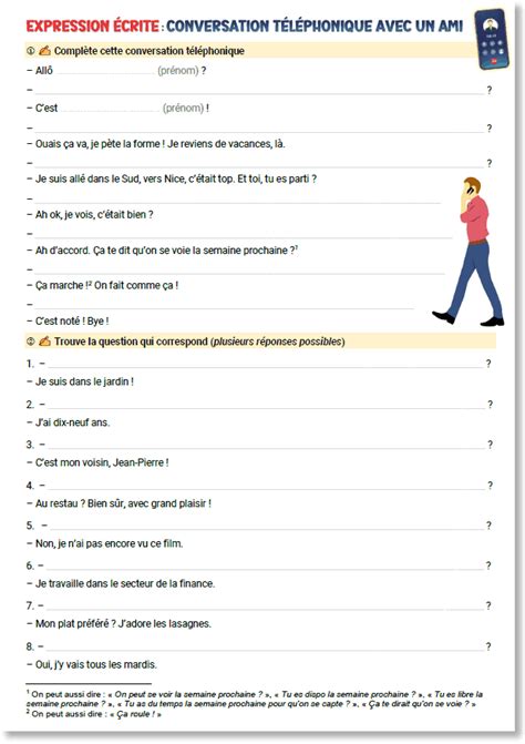 Exercice FLE A2 B1 Conversation téléphonique avec un ami et réponses
