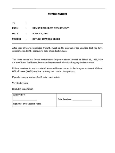 Return To Work Order Pdf
