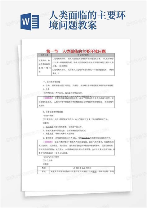 人类面临的主要环境问题教案高中地理第5章人类面临的环境问题与可持续发展第1节人类面临的主要环境问题教案高中地理教案word模板下载编号
