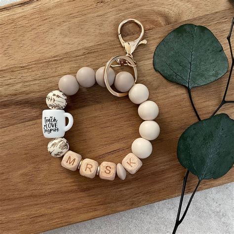 Keychains Silicone Beaded Wristlets Custom Name Coffee Teach Repeat Mugs Wildflowers
