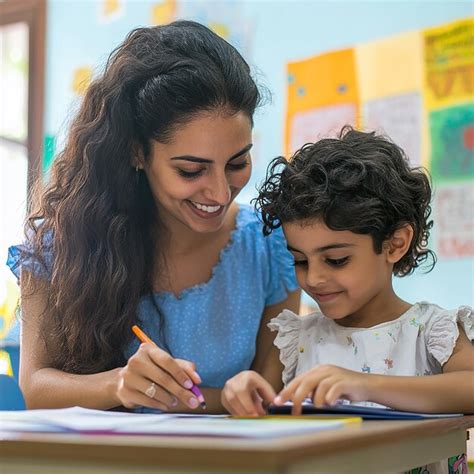 Teacher And Cute Girl In Nursery Class Room Premium Ai Generated Image
