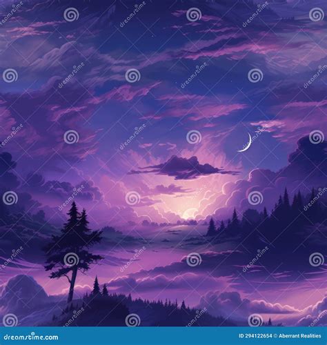 A Purple Sky With Clouds And Trees In The Background Stock Illustration
