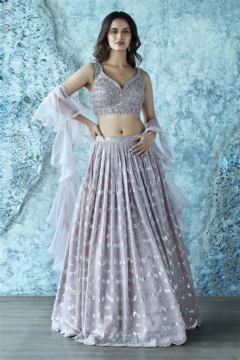 Dusty Lavender Shimmery Sequin Patterned Lehenga Set With Hand