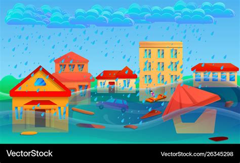 Flood Cataclysm Concept Banner Cartoon Style Vector Image