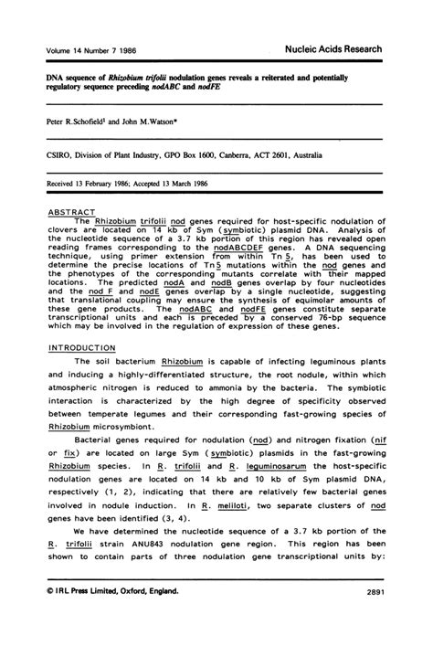Pdf Dna Sequence Of Rhizobium Trifolii Nodulation Genes Reveals A