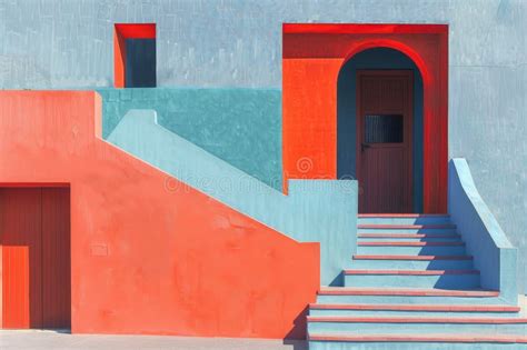 Modern Architecture With Red Blue And Teal Color Palette In Sunny
