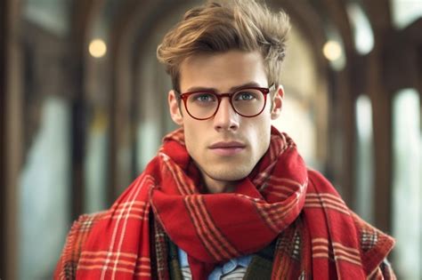 Premium Photo A Man Wearing Red Glasses And A Red Plaid Scarf