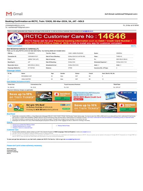 Booking Confirmation On Irctc Train 12426 08 Mar 2024 3a Jat Ndls Pdf Service Industries