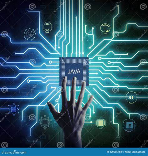 Digitized Hand Reaching For Java Chip Surrounded By Circuit Lines And