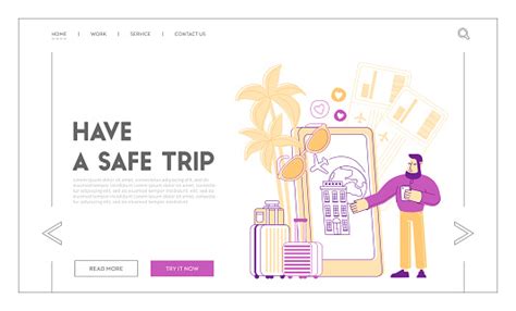 여행 응용 프로그램 모바일 기술 방문 페이지 템플릿입니다 여행자 문자는 경로 Gps와 장소의 위치를 검색하기 위해 스마트 폰 응용 프로그램을 사용하여 비행기 티켓을