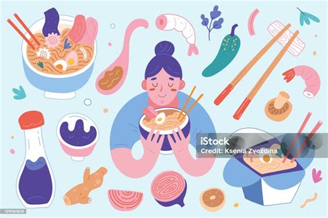 라멘 컬렉션 그릇 젓가락 재료 국물 아시아 및 일본 음식과 뜨거운 국수 수프를 먹는 여자 평면 벡터 만화 일러스트 세트 고립