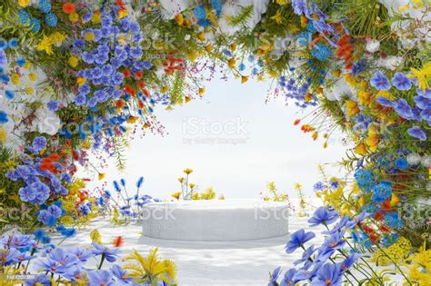 Abstact 3d 렌더링 겨울 장면과 자연 연단 배경 눈 동굴의 눈 땅에 얼음 연단은 제품 디스플레이 광고 등을 위해 다채로운 꽃을 덮었습니다 강단에 대한 스톡 사진 및