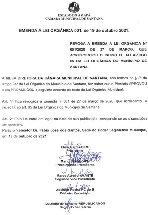 Emenda à Lei Orgânica Prefeitura de Santana AP