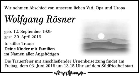 Traueranzeigen Von Wolfgang Rösner Trauer Anzeigende