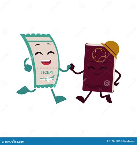 Vector Cheerful Airplane Ticket Passport Character Stock Vector