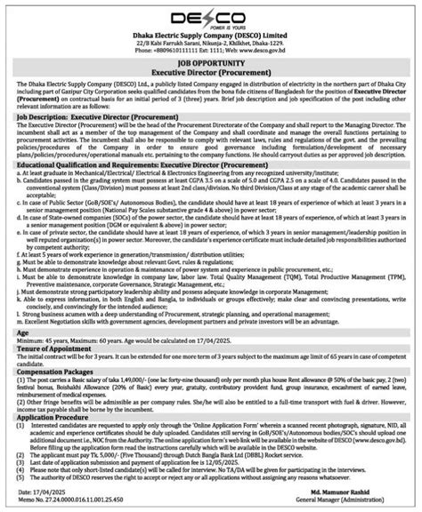 Dhaka ডেসকোর নির্বাহী পরিচালক সংগ্রহ পদে নিয়োগ বিজ্ঞপ্তি প্রকাশিত হয়েছে। আবেদনের শেষ
