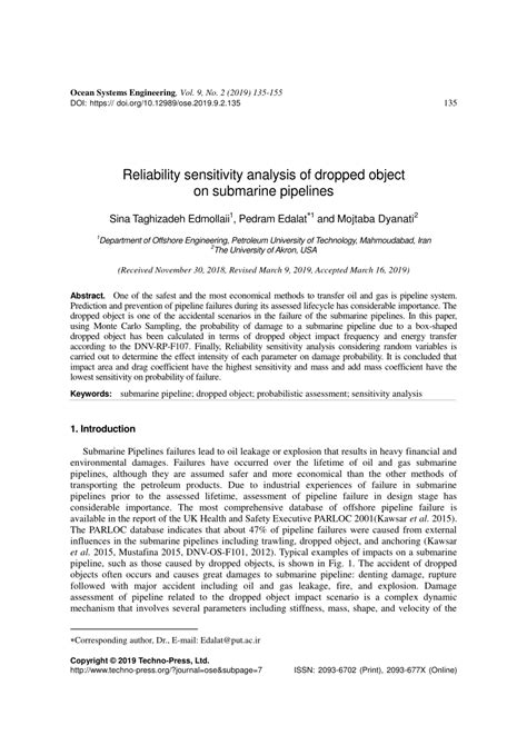 Pdf Reliability Sensitivity Analysis Of Dropped Object On Submarine Pipelines