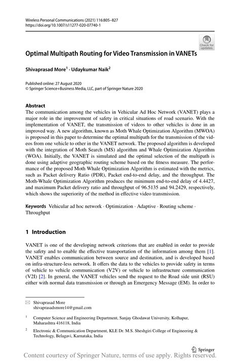 Optimal Multipath Routing For Video Transmission In Vanets Request Pdf