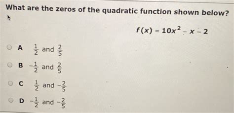 Solved What Are The Zeros Of The Quadratic Function Shown Below Fx