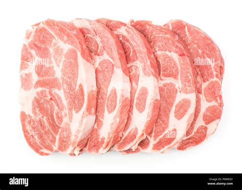 Raw Pork Neck Meat Cuts Top View Isolated On White Background Fresh