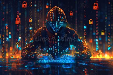 A Hacker In A Black Hood With Glowing Blue And Orange Numbers On His Body Sitting At The