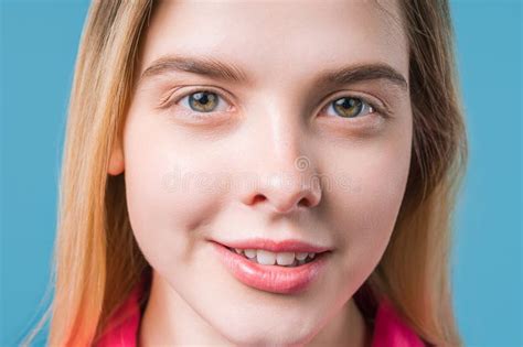 Cute Blonde Woman Natural Beauty Young Teenager Girl On Blue