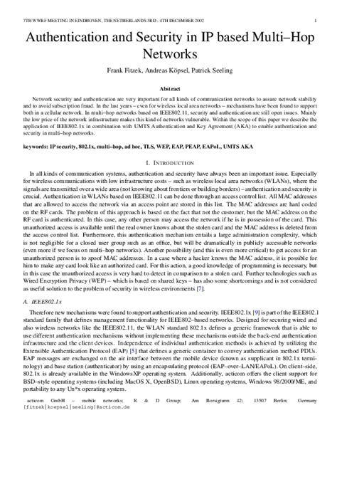 Pdf Authentication And Security In Ip Based Multihop Networks