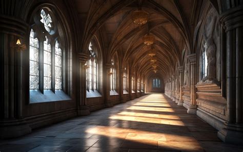 Premium Ai Image A Hallway With A Large Arched Window And A Light On