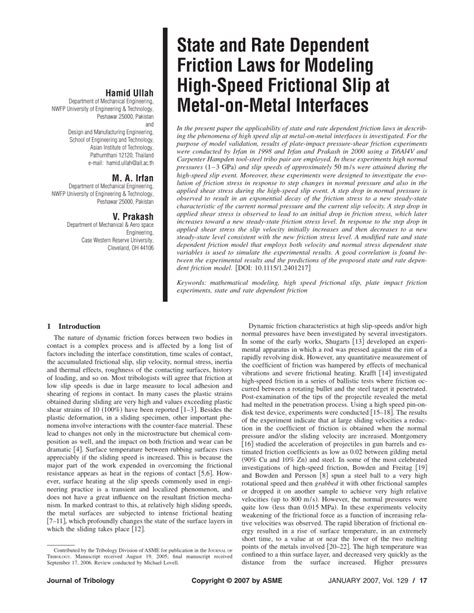 Pdf State And Rate Dependent Friction Laws For Modeling High Speed Frictional Slip At Metal On