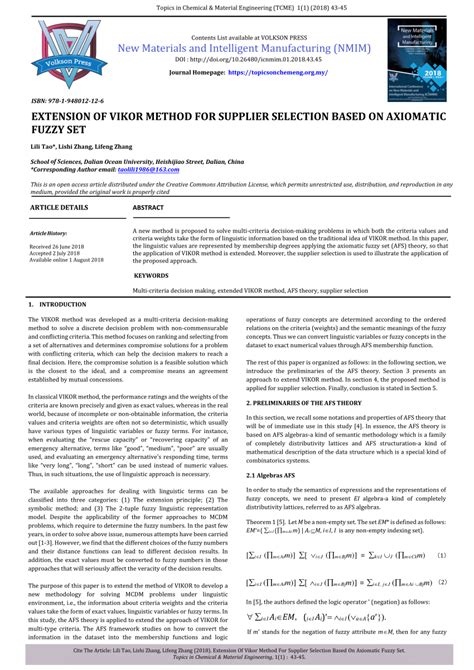 Pdf Extension Of Vikor Method For Supplier Selection Based On