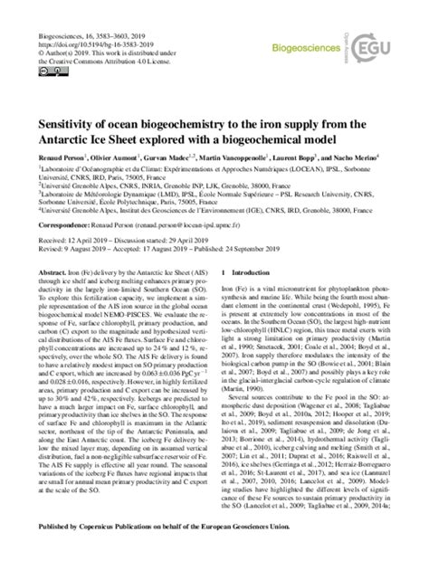 Pdf Sensitivity Of Ocean Biogeochemistry To The Iron Supply From The Antarctic Ice Sheet