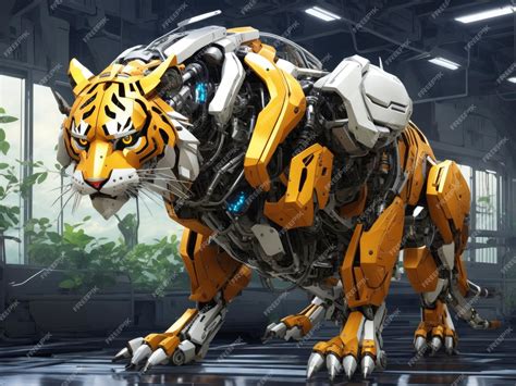 Premium Photo A Tiger Robot Standing In A Room With A Plant In The Background