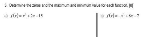 Answered 3 Determine The Zeros And The Maximum And Minimum Value For