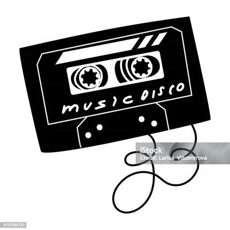 풀리지 않은 테이프가있는 록 음악 카세트 빈티지 8090 년대 로큰롤 음악 밴드 콘서트 파티를위한 만화 록 스타 아이콘 펑크 낙서 벡터 일러스트레이션 흰색 배경에 격리 된