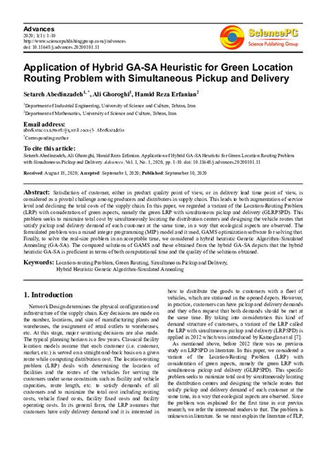 Pdf Application Of Hybrid Ga Sa Heuristic For Green Location Routing Problem With Simultaneous
