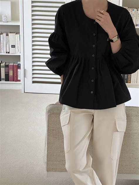 디투링크 여성스런 셔츠 블라우스 긴팔 볼륨 코튼 아방 에이라인 셔링블라우스80577